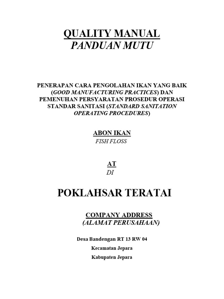 Dokumen Panduan Mutu GMP Dan Ssop Poklahsar Teratai Kabupaten Jepara | PDF