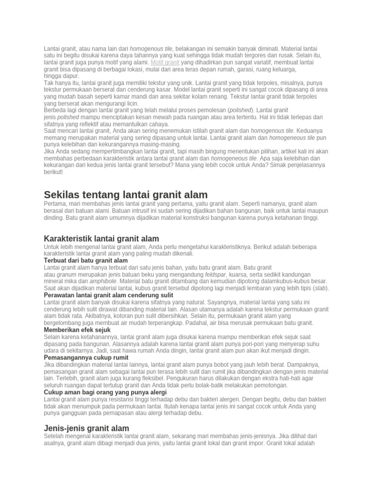Mengenal Perbedaan Lantai Granit Homogenous Tile Dan Granit Alam | PDF
