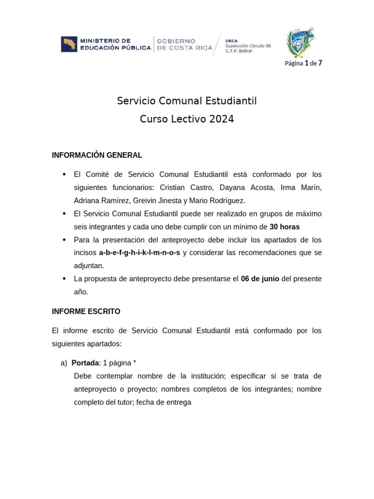 Guía para Servicio Comunal Estudiantil 2024 | PDF | Arte