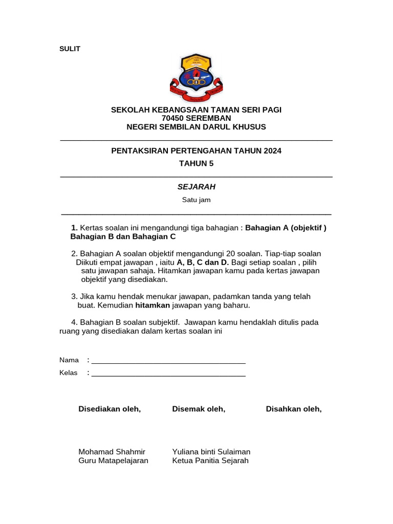 Contoh Muka Depan Dan Akhir Kertas Soalan Pentaksiran. | PDF