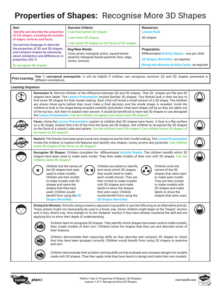 Lesson Plan Recognise more 3D Shapes | PDF