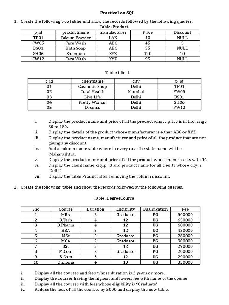 Practical On SQL Class 12 | PDF | Sql | Data Management Software