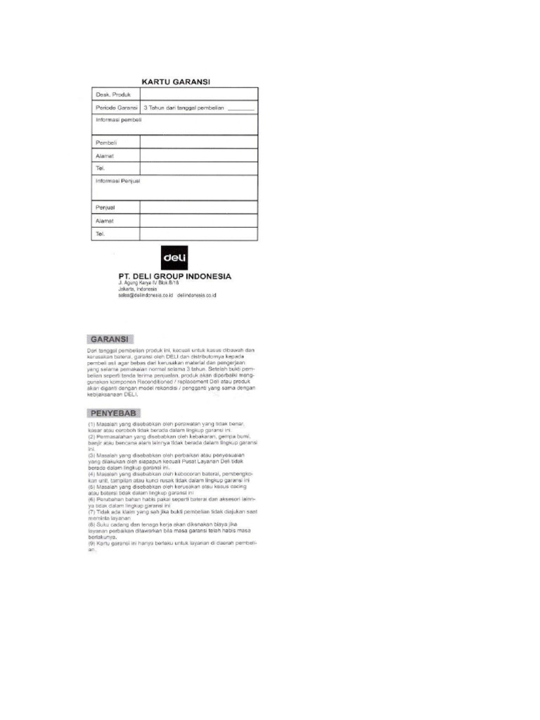 Contoh Kartu Garansi DELI | PDF