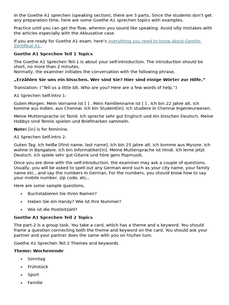 In The Goethe A1 Sprechen Themen | PDF