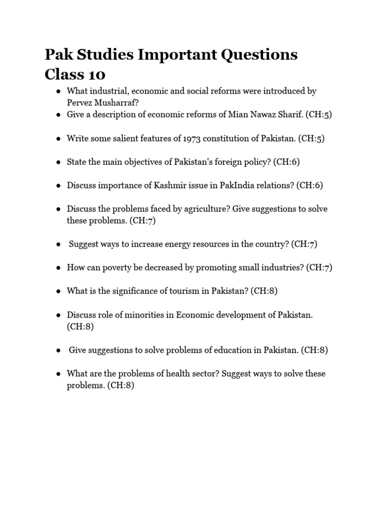 Pak Studies Important Questions Class 10 | PDF