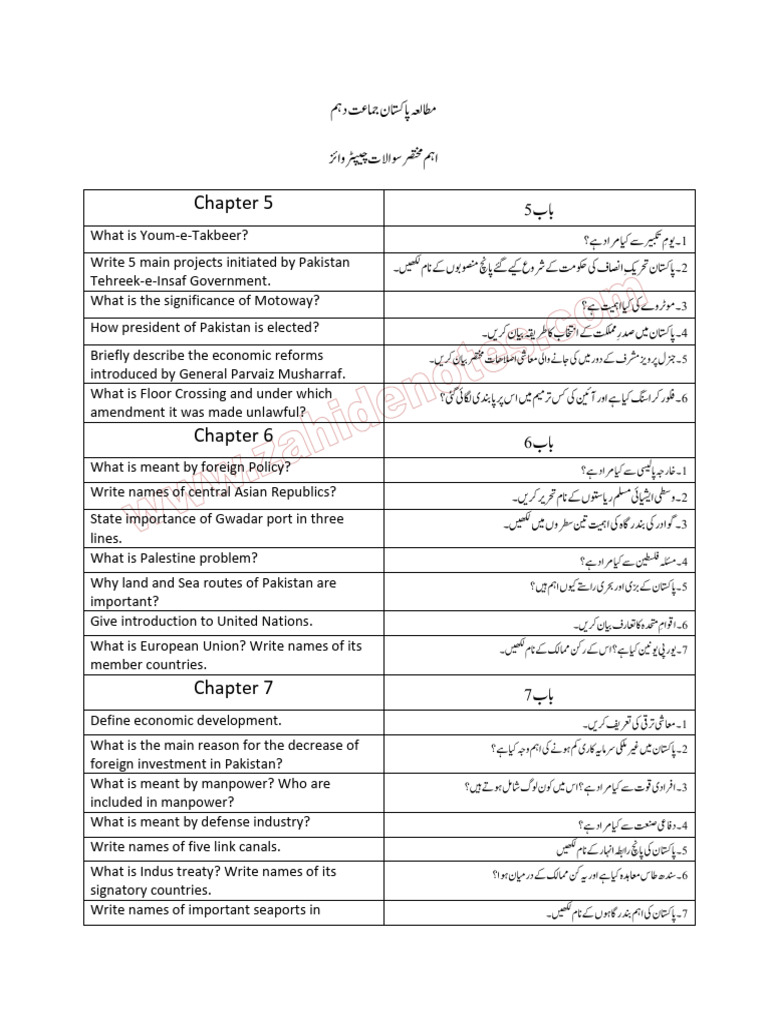 10th Class Pak Study Guess Paper | PDF
