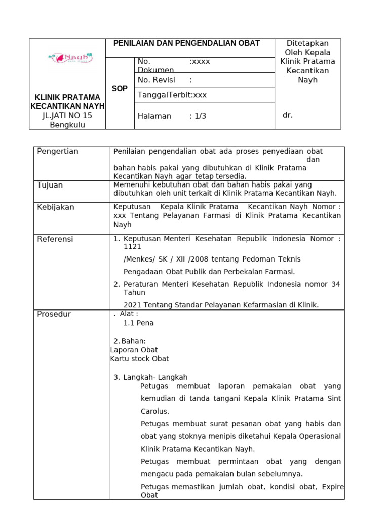 PKP 15 Ep 3 1. SOP PENILAIAN PENGENDALIAN OBAT | PDF