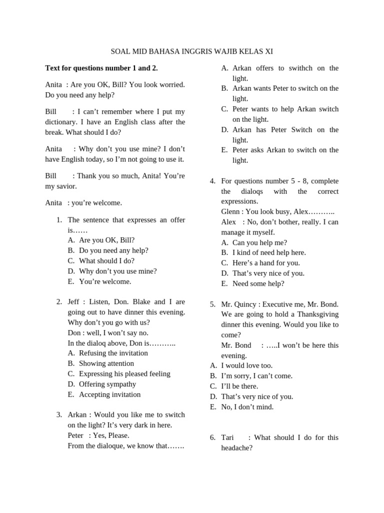 Soal Mid Bahasa Inggris Wajib Kelas Xi 2021 | PDF