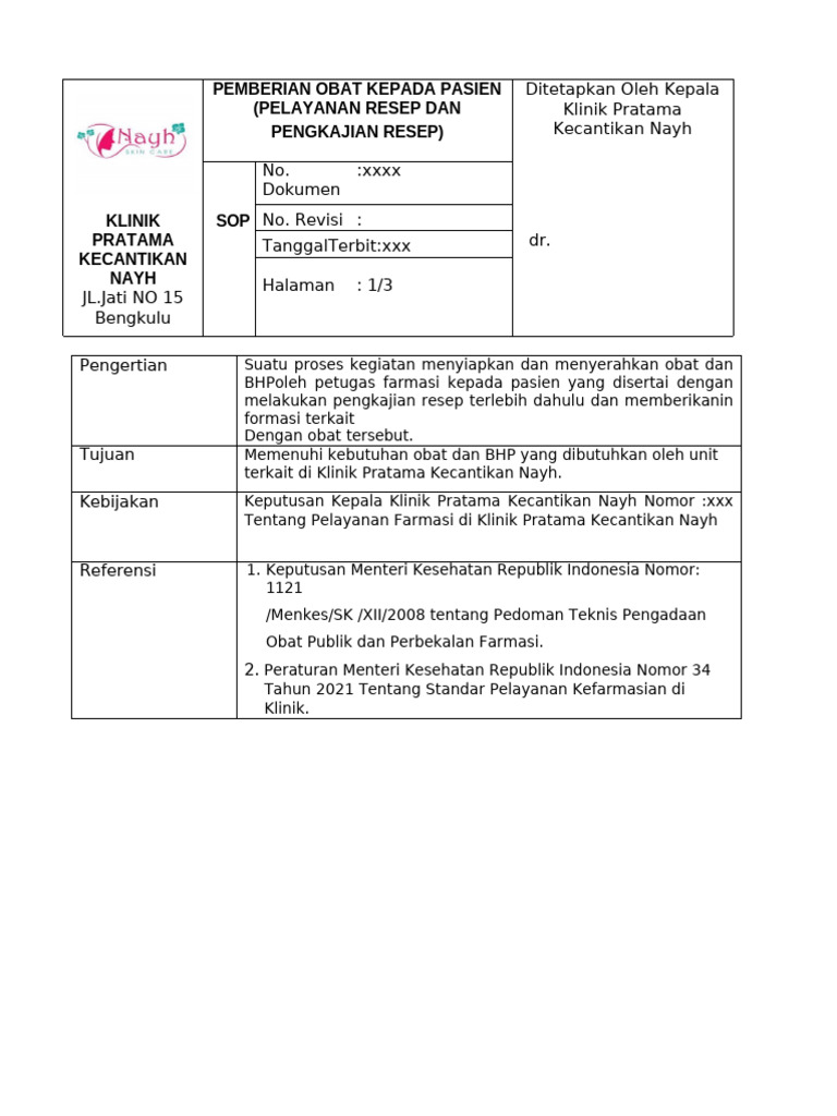 PKP 15 EP 4 33. SOP Pengkajian Resep Dan Pemberian Obat | PDF