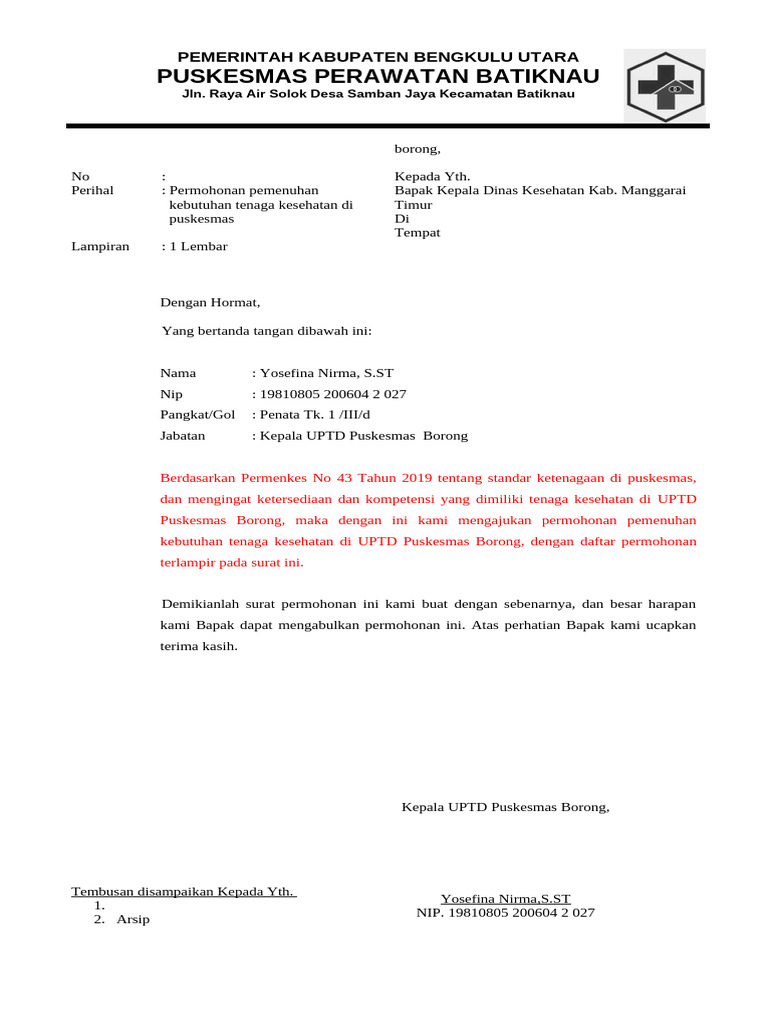 Surat Permohonan Kebutuhan Tenaga Di Puskesmas | PDF