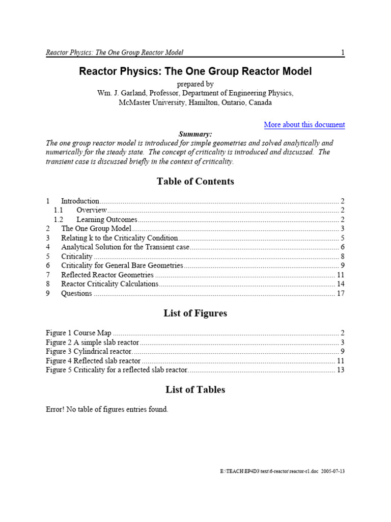 Reactor Physics-The One Group Reactor Model-Wm. J. Garland | PDF