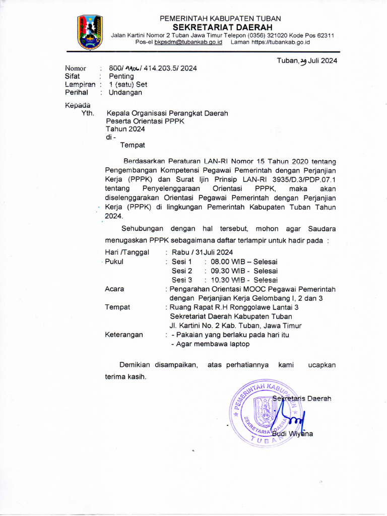 Surat Bkpsdm Pengarahan Orientasi Pppk Pdf