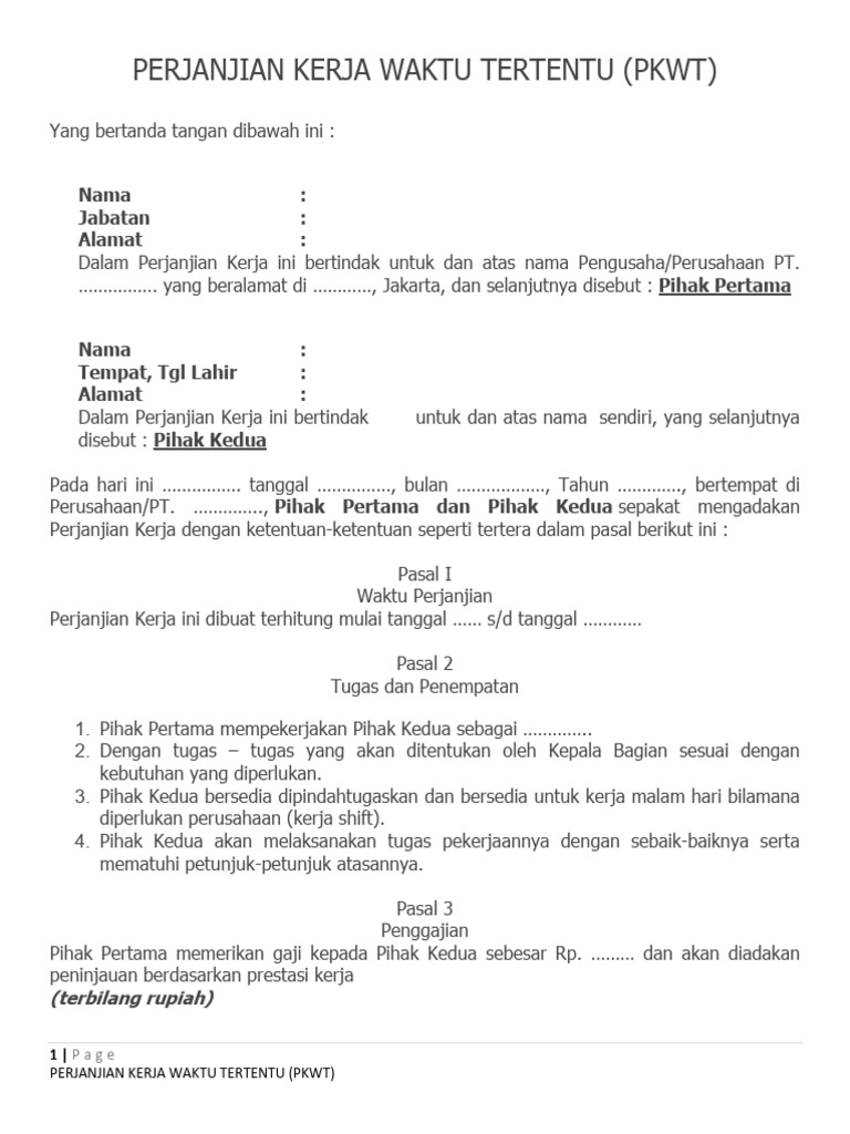 Perjanjian Kerja Waktu Tertentu PKWT 2024 | PDF