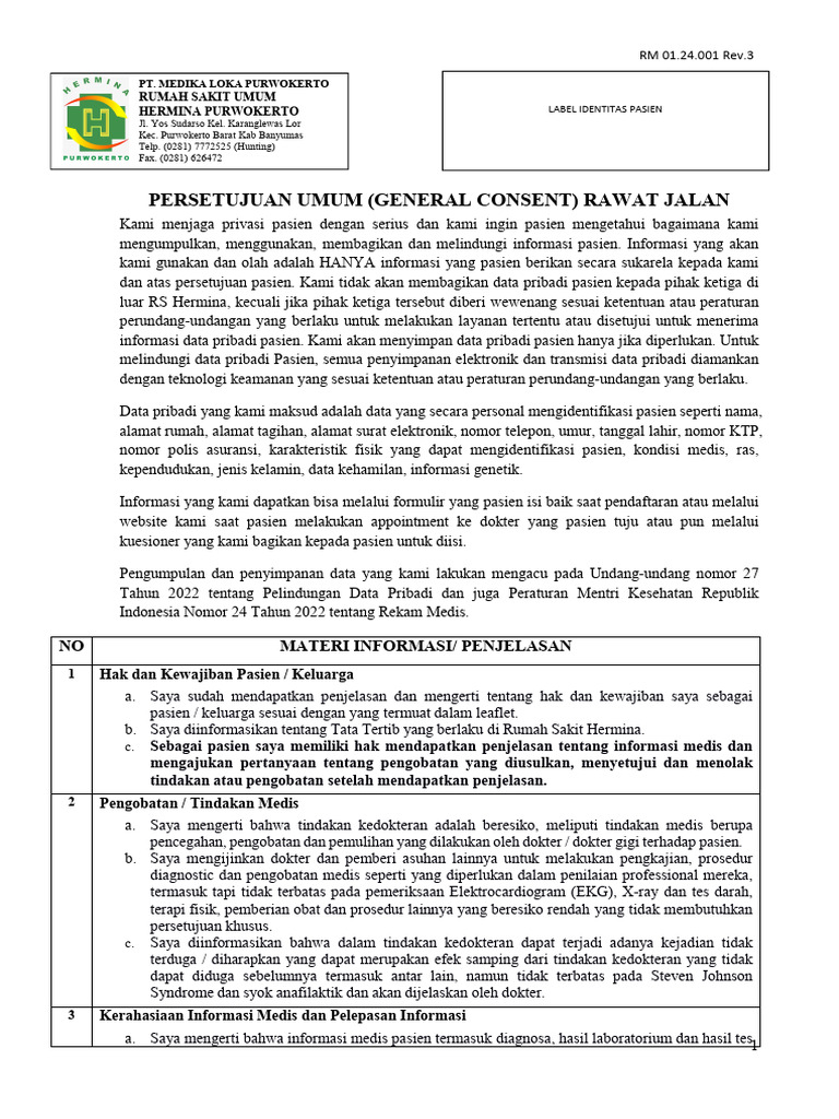 RM 01.24.001 Rev.3 Persetujuan Umum General Consent RWJ | PDF