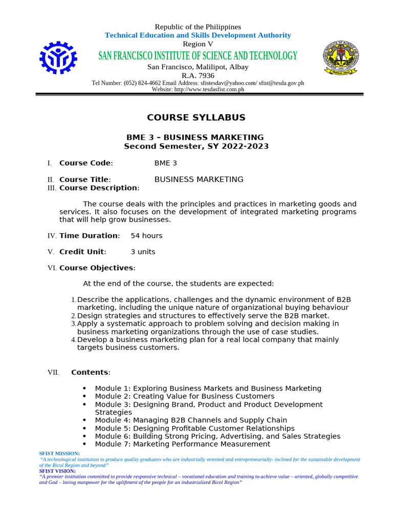 Course-Syllabus - Bme 3 Business Marketing | PDF | Marketing | Marketing Communications