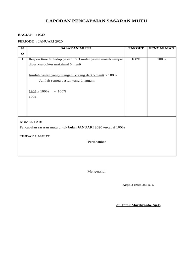 Laporan Pencapaian Sasaran Mutu 2020 | PDF