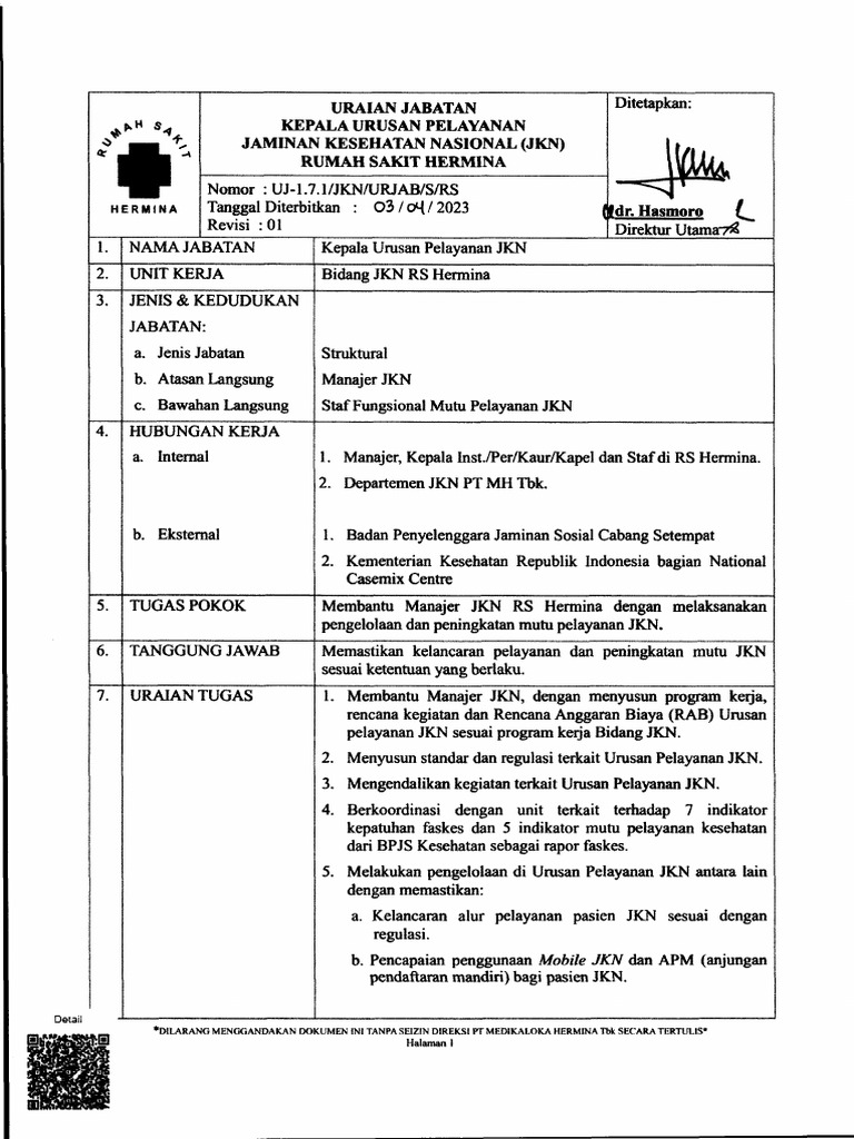 UJ-1.7.1 Kepala Urusan Pelayanan Jaminan Kesehatan Nasional (JKN) RS Hermina | PDF