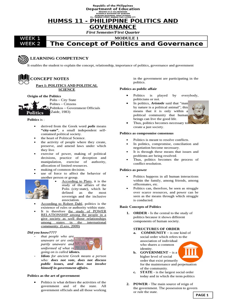 PPG - Q1 - Week 1 2 Module 1 The Concept of Politics and Governance | PDF
