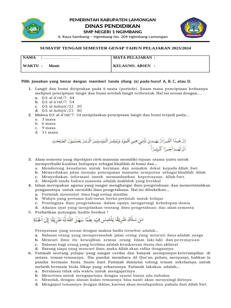 Soal STS Pai Genap 2024 | PDF