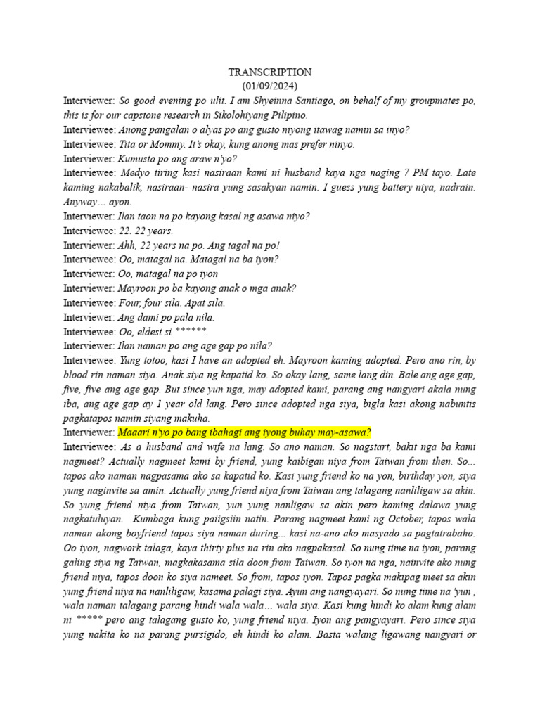Sikolohiyang Pilipino - Transcription of Interview (1!9!2024) | PDF