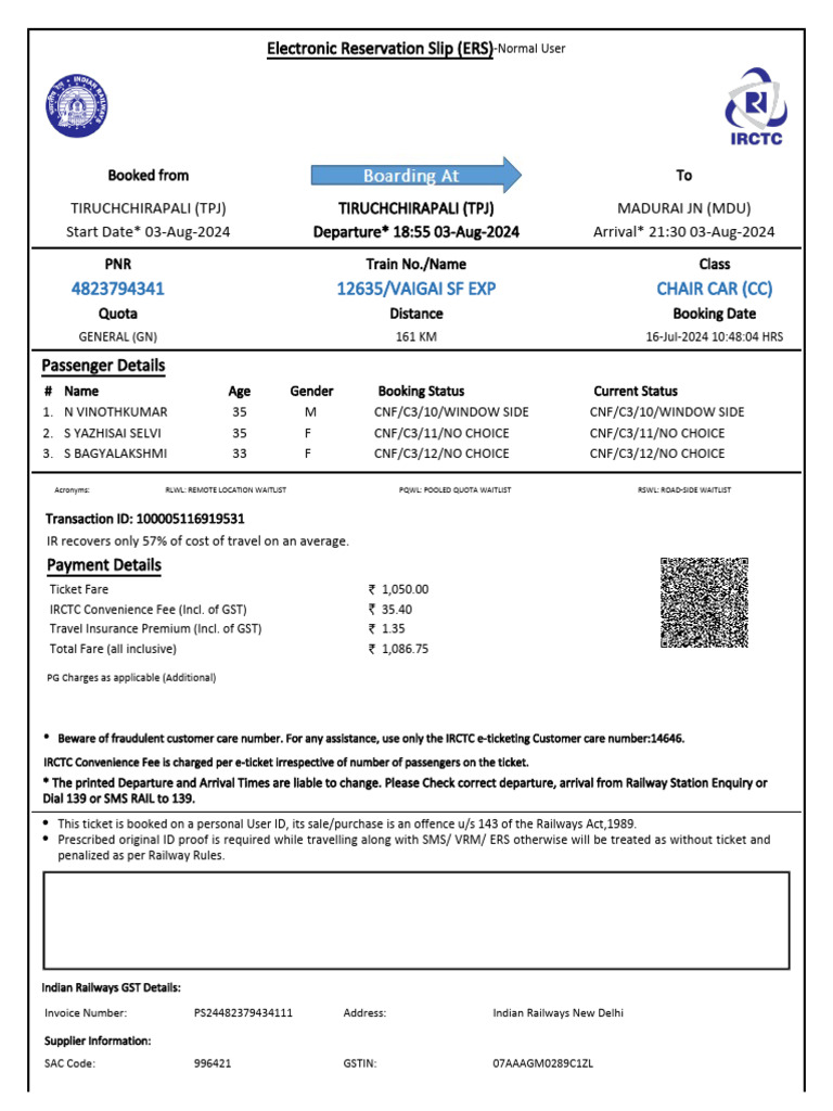 12635/vaigai SF Exp Chair Car (CC) | PDF