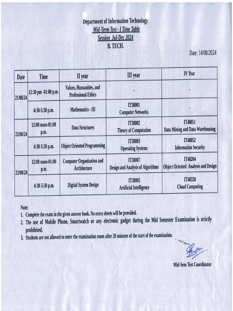 BTECH MST I TIme Table Aug2024 Edited | PDF