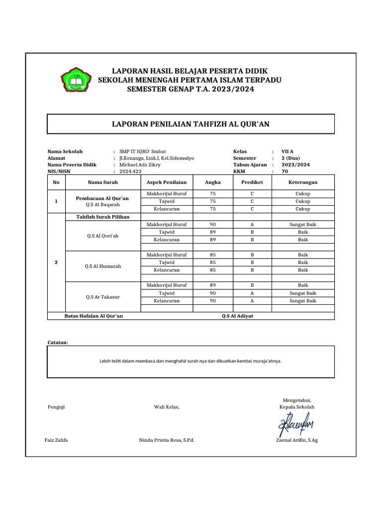 Raport Tahfdz 7A | PDF