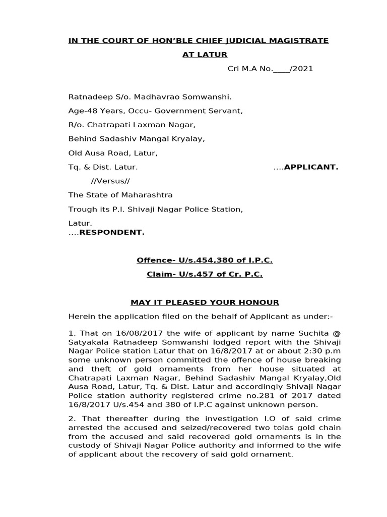 Application Us 457 of CRPC - Somwanshi | PDF | Affidavit | Legal Procedure