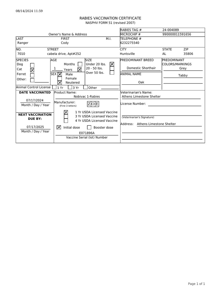 Rabies Cert 08142024 | PDF