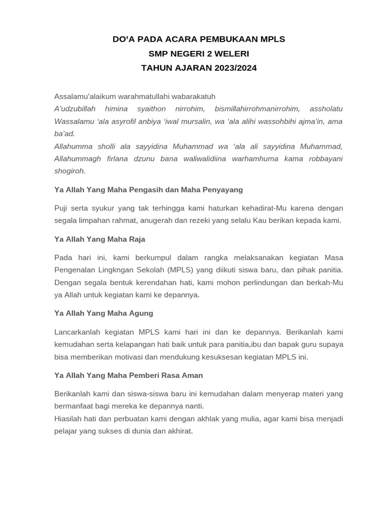 Doa Upacara Pembukaan MPLS 2023 | PDF