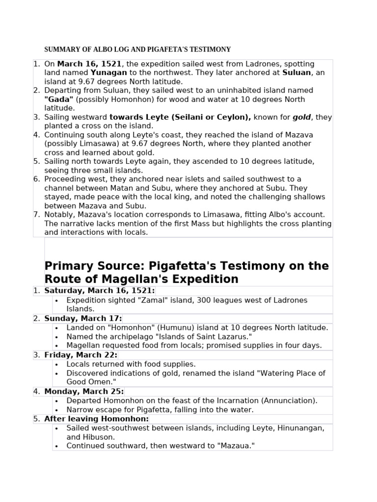 Summary of Albo Log and Pigafeta | PDF