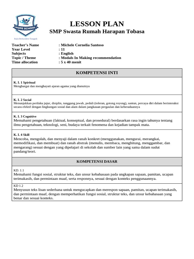 MODALS-LESSON PLAN XI-Ms - Michelle | PDF