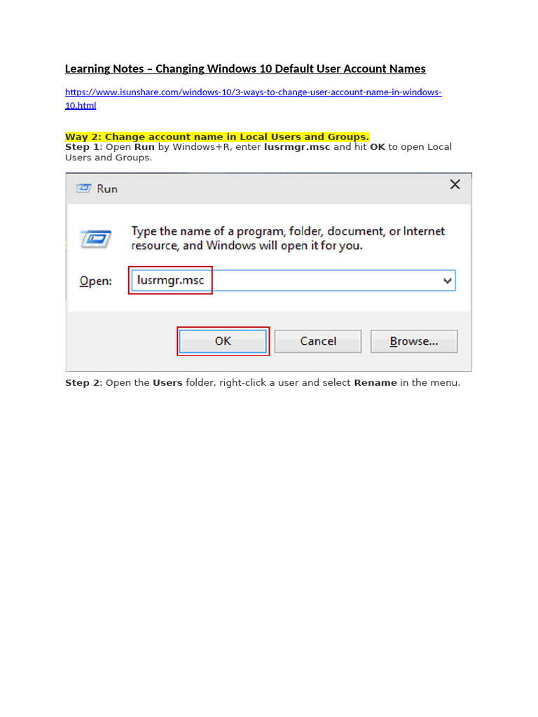 Learning Notes – Changing Windows 10 Default User Account Names | PDF