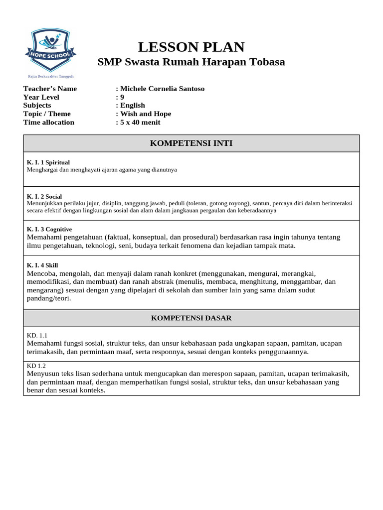 LESSON PLAN Wish and Hope | PDF