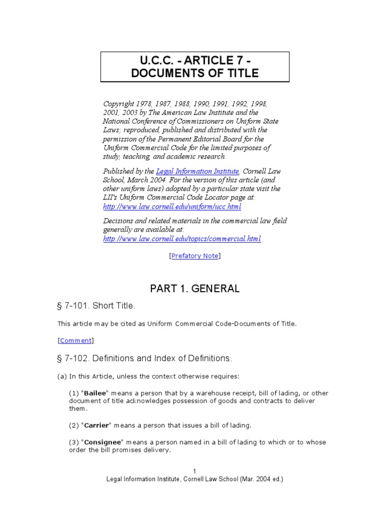 UCC Article 7: Documents of Title | PDF | Bill Of Lading | Lien