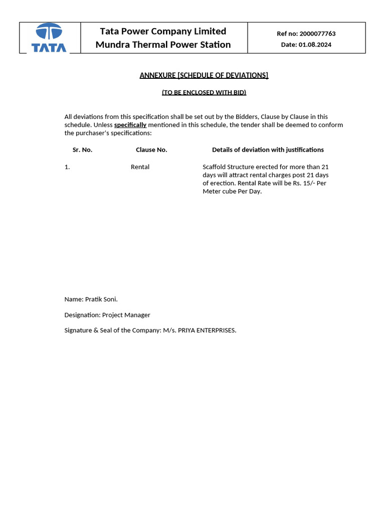 Schedule of Deviations | PDF