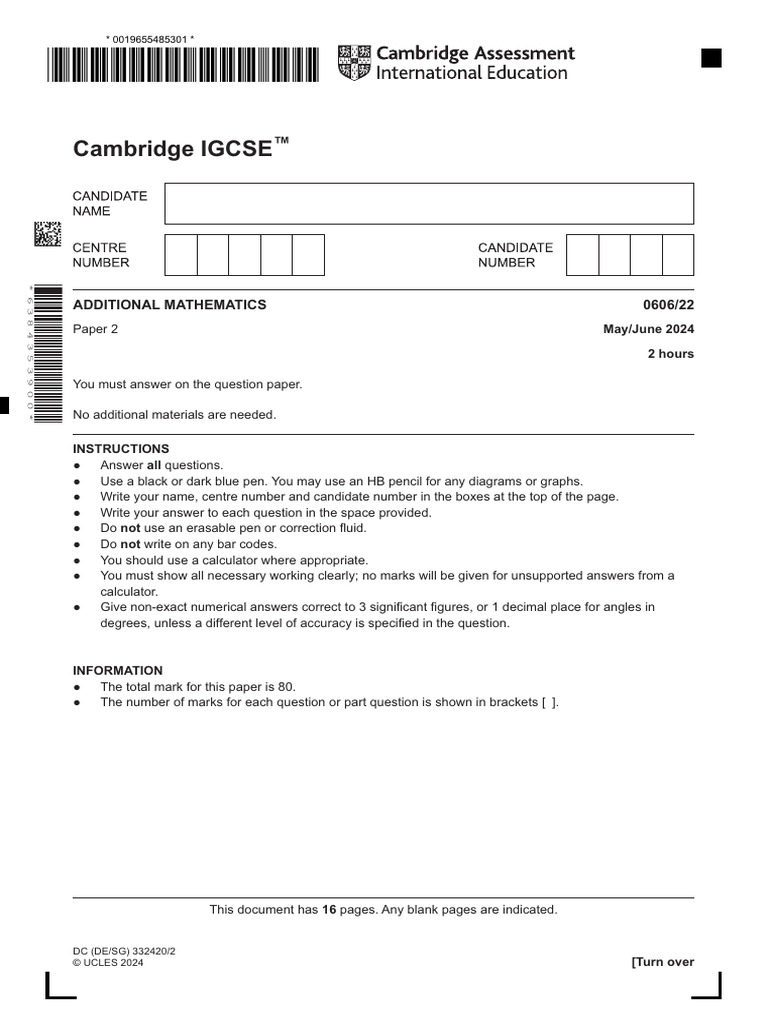 Cambridge IGCSE: Additional Mathematics 0606/22 | PDF