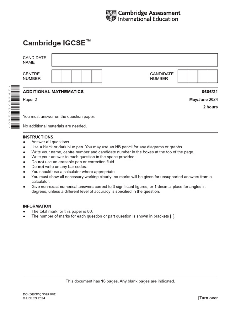Cambridge IGCSE: Additional Mathematics 0606/21 | PDF