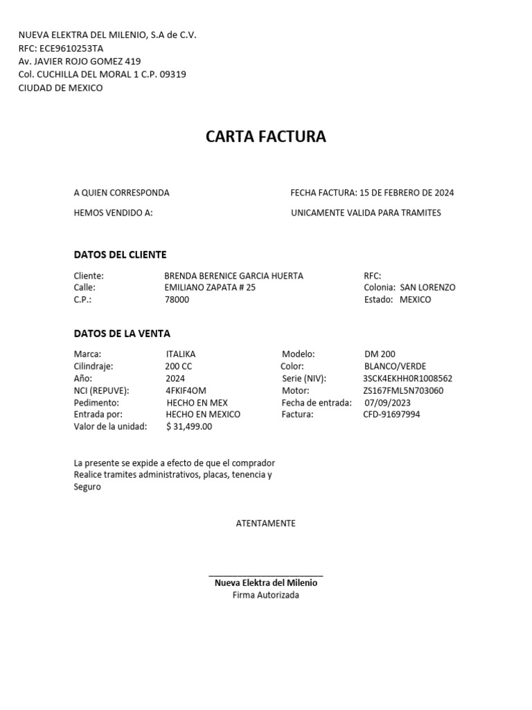 Carta Factura Elektra | PDF