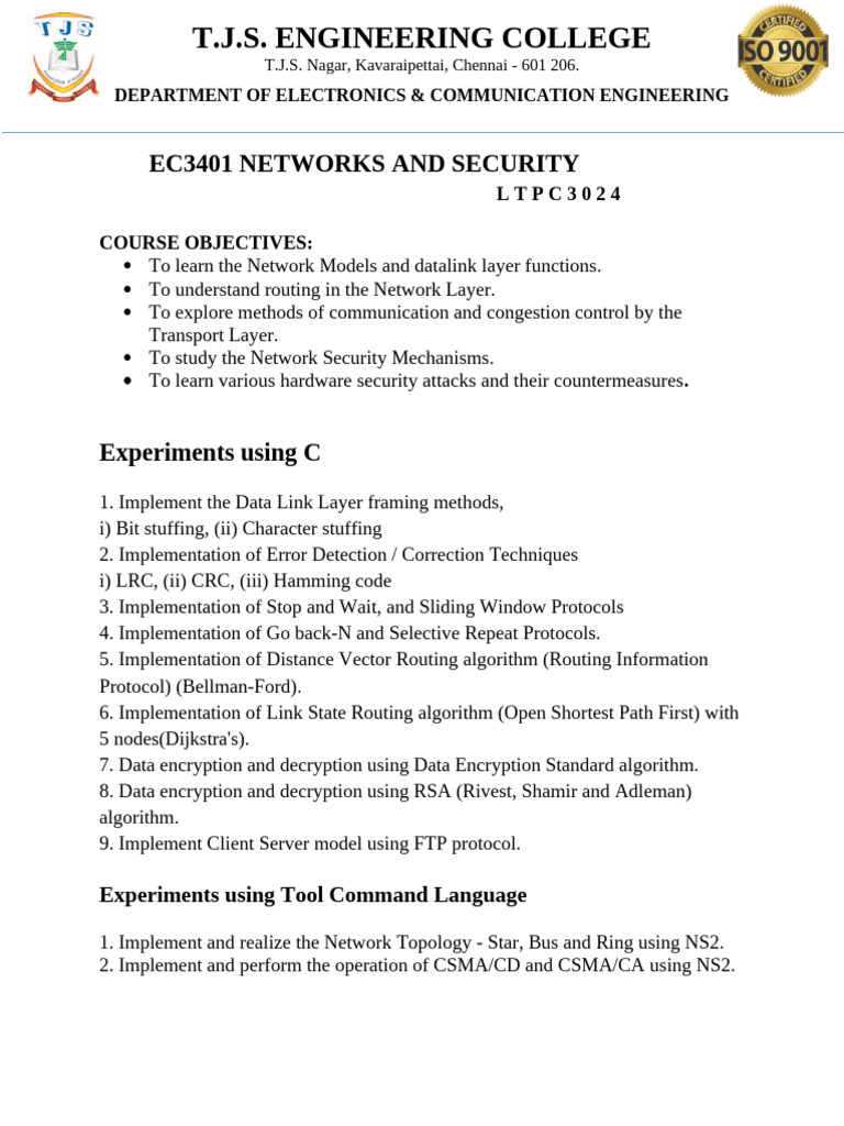 Ec3401 Networks and Security | PDF