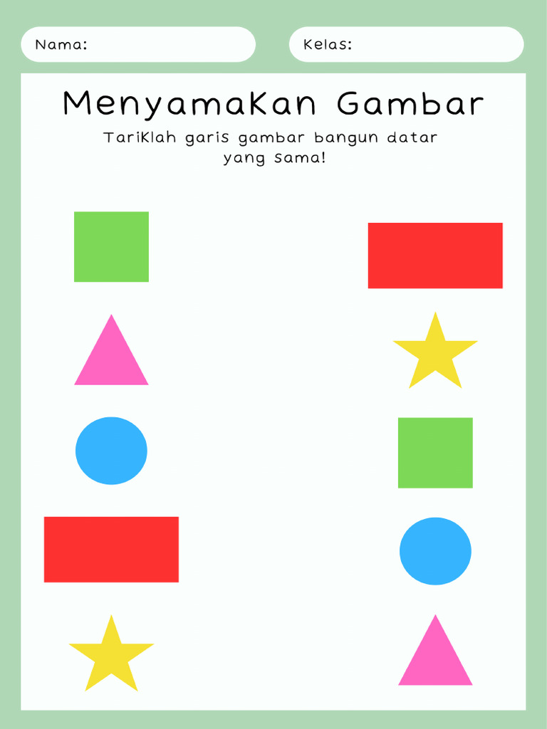Lembar Kerja PAUD Menyamakan Gambar Bangun Datar Geometri Hijau Putih | PDF