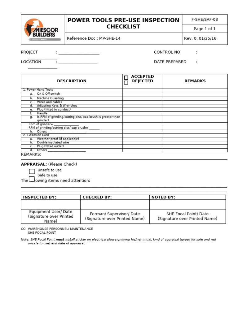 F-She-Saf-03 Power Tools Pre-Use Inspection Checklist | PDF