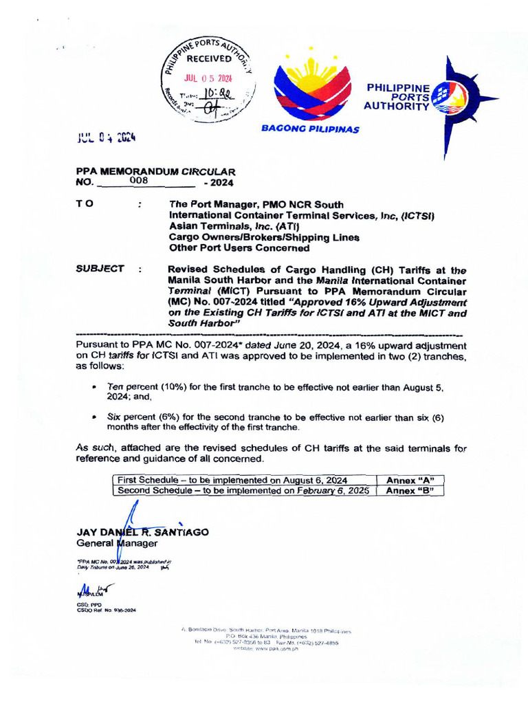 PPA MC 008-2024 Revised Schedules of Cargo Handling Tariff at Manila South Harbor & MICT | PDF