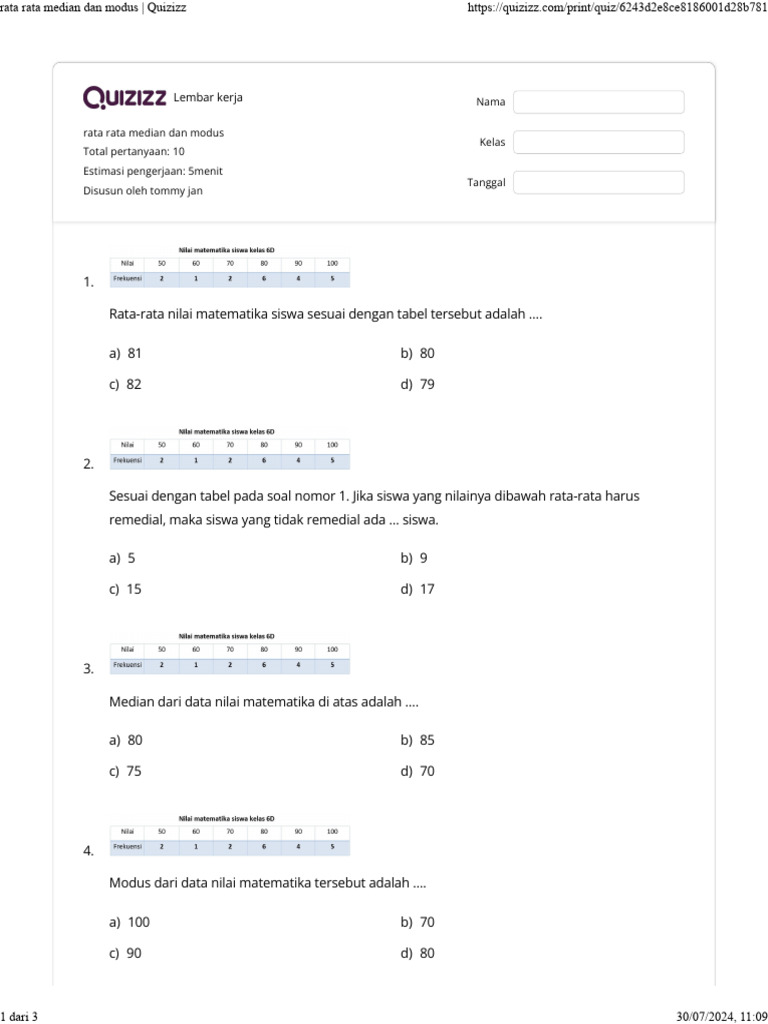 Rata Rata Median Dan Modus - Quizizz | PDF