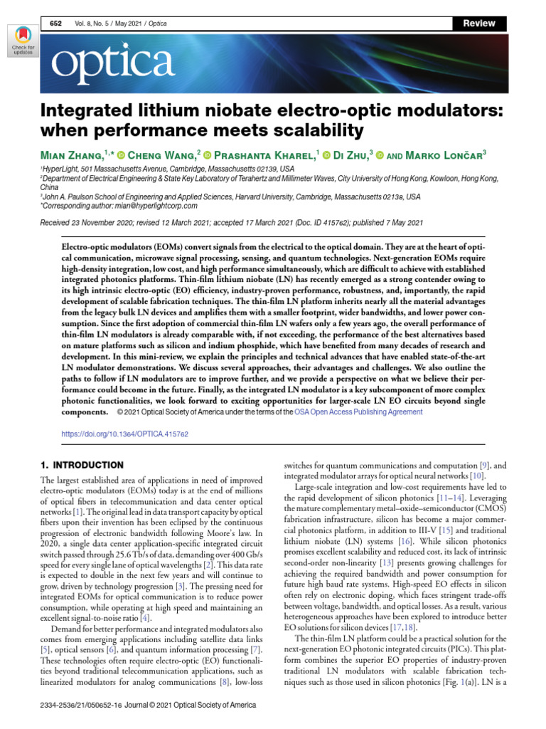 Integrated Lithium Niobate Electro-Optic Modulators When Performance Meets Scalability | PDF