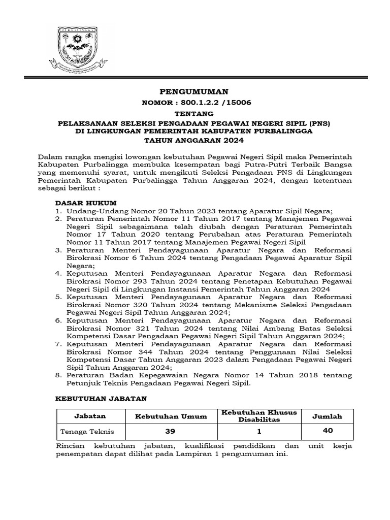 Pengumuman Pelaksanaan Seleksi Pengadaan Pegawai Negeri Sipil (PNS) Di Lingkungan Pemerintah ...