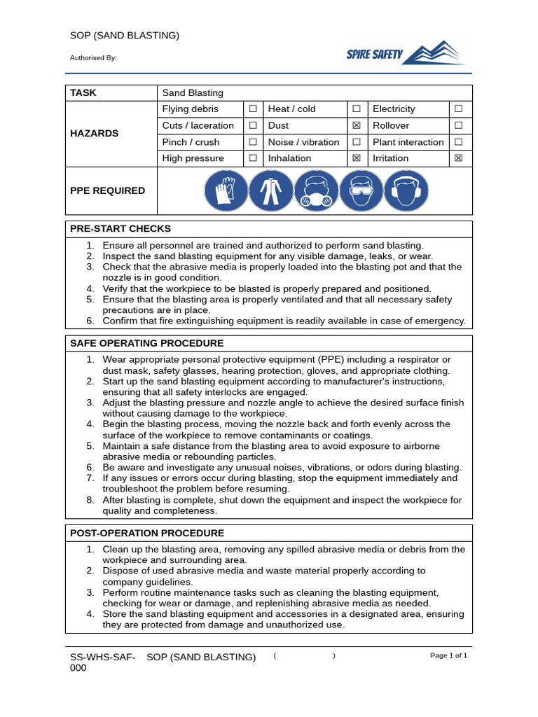 SS-WHS-SAF-000-Safe-Operating-Procedure-Sand-Blasting | PDF
