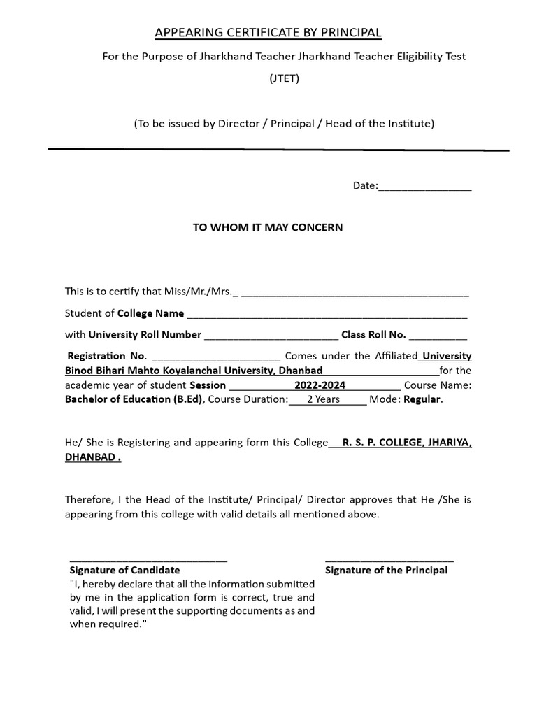 Principal's Appearing Certificate for JTET | PDF | Career & Growth ...