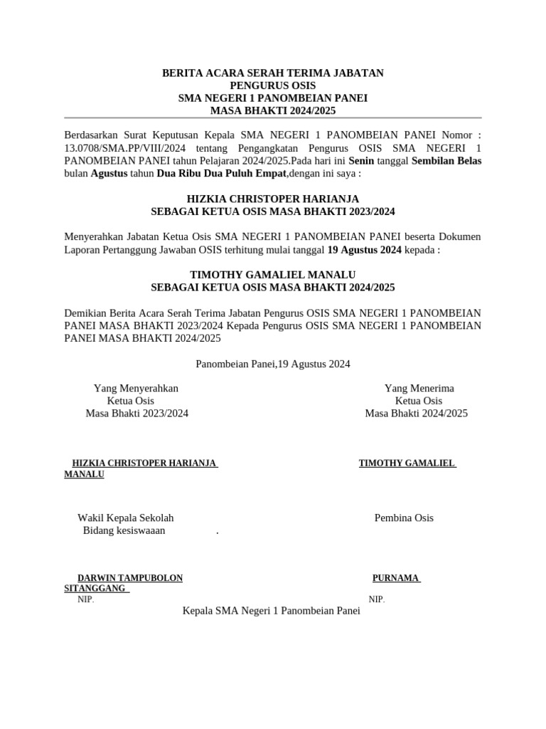 Berita Acara Serah Terima Jabatan Osis | PDF