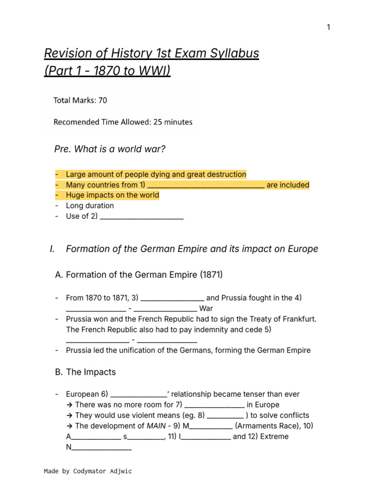 Revision of History 1st Exam Syllabus - 1st World War | PDF